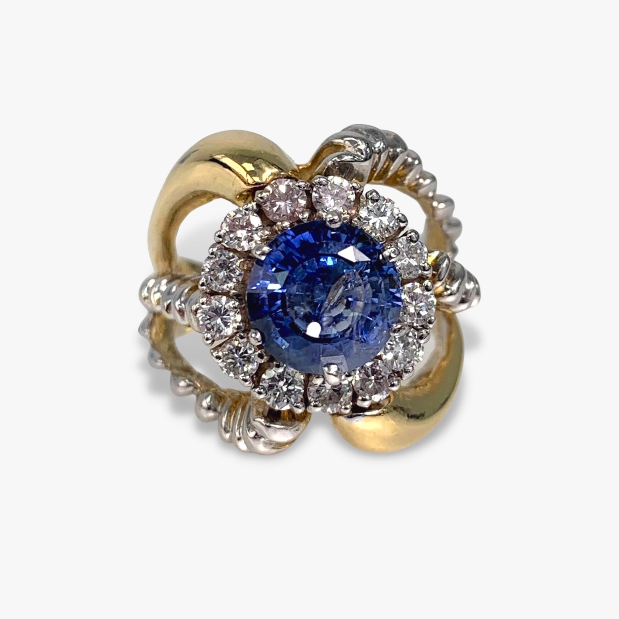 18k Yellow Gold Blue Sapphire and Diamond Two-Toned Gold Vintage Ring ...